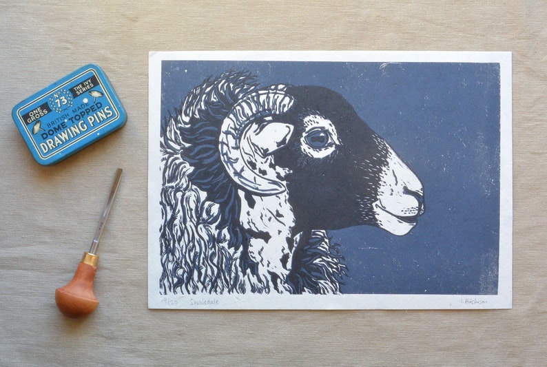 Linocut Sheep Swaledale Lino Animal Illustration Print, A4 Handmade ...
