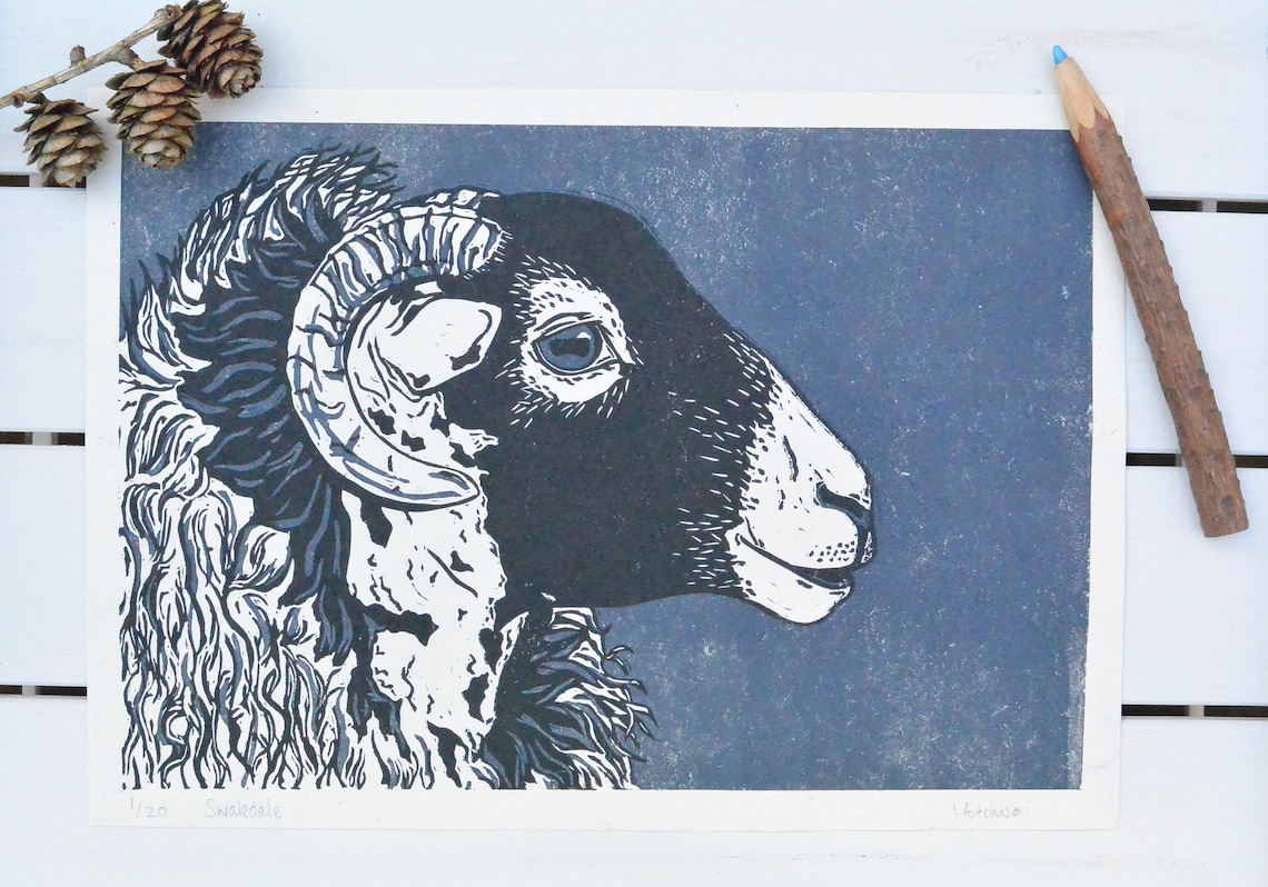 Linocut Sheep Swaledale Lino Animal Illustration Print, A4 Handmade ...