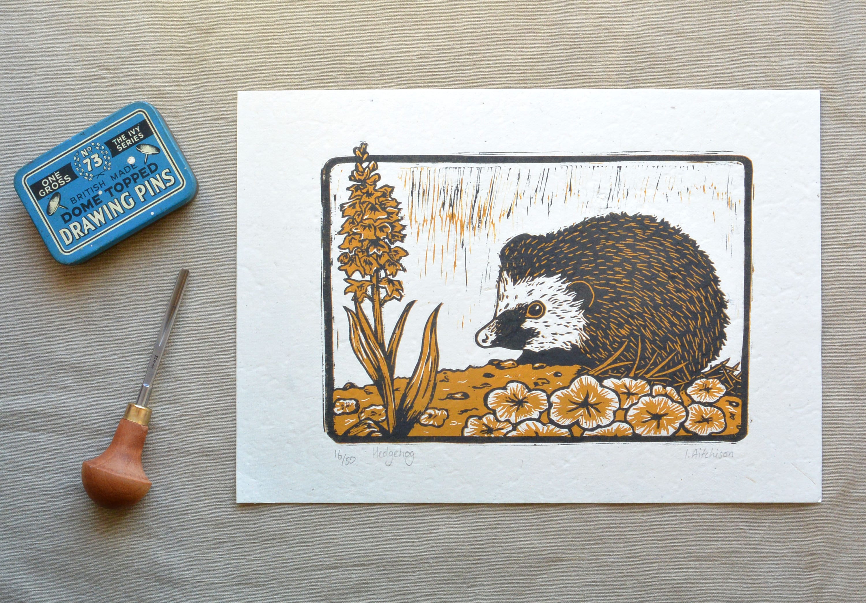 Linocut Hedgehog Print Lino Animal Illustration, A4 Handmade Paper ...