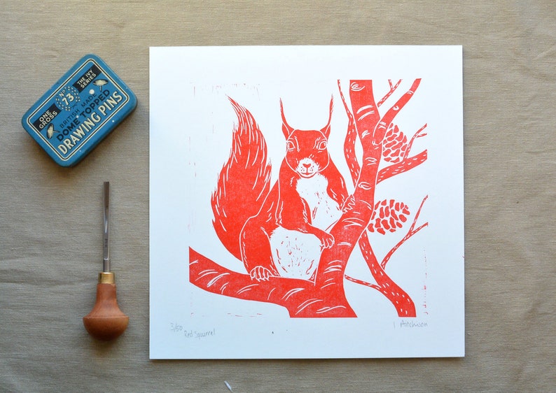 Lino Print Red Squirrel Art Print Handprinted Linocut Wall - Etsy UK