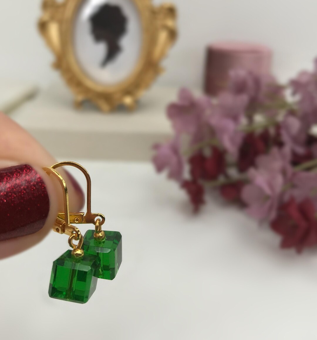 Gold Plated Emerald Green Cube Czech Glass Crystal Small Earrings - Etsy