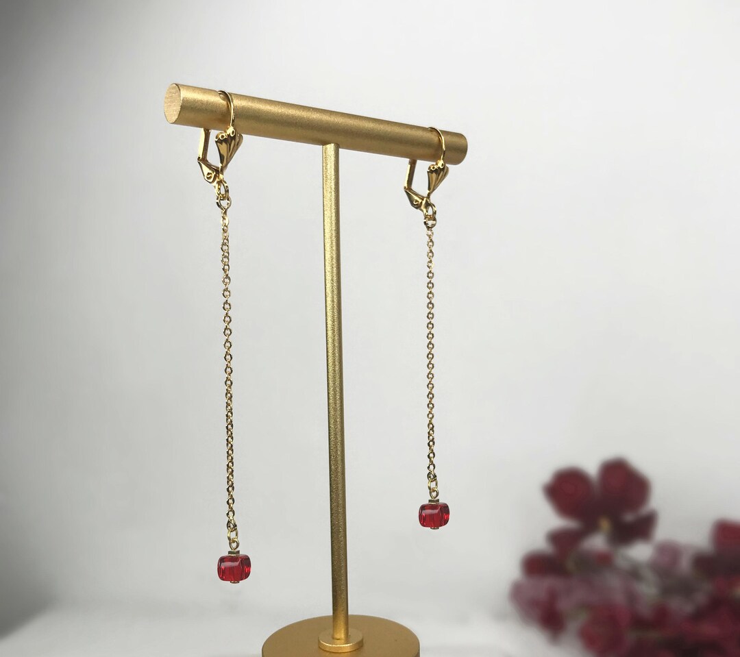 Gold Plated Red Crystal Cube Chain Earrings - Etsy