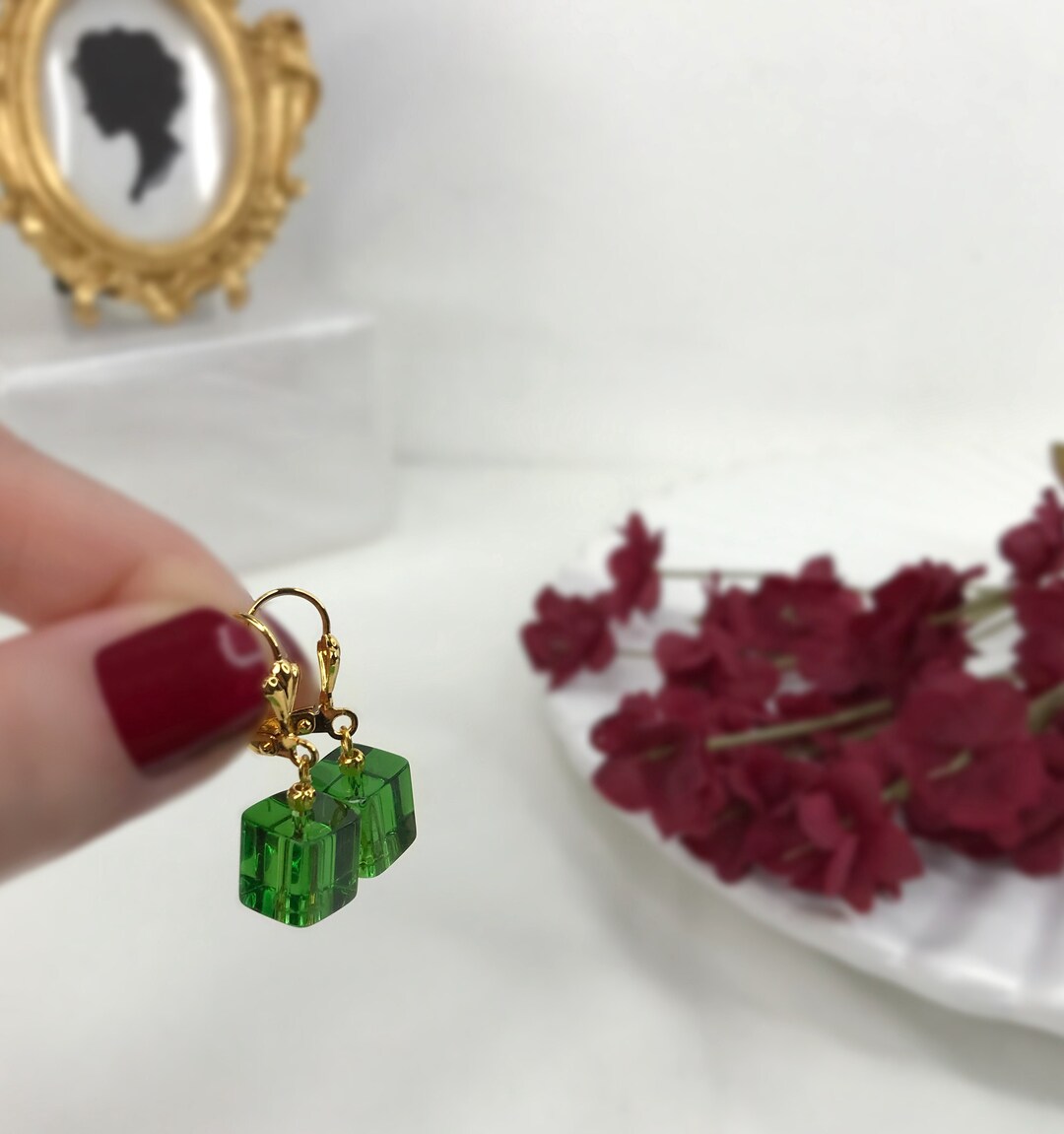 Art Deco Gold Plated Emerald Green Cube Czech Glass Crystal Earrings - Etsy