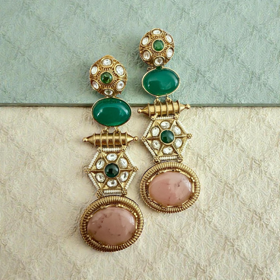 Statement Drop Earrings | Gold Tone Indian Earrings | Green Stone ...