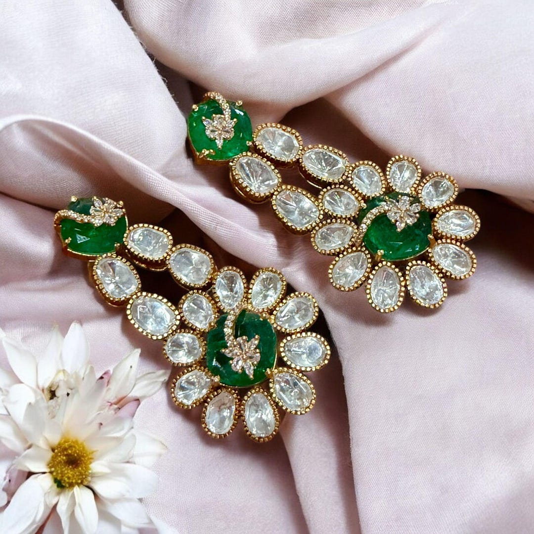Emerald Green Floral Monzonite Designer Earrings | Gold CZ Chandelier ...
