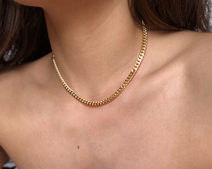 Thin Gold Choker, 18k Gold Plated Chain, Curb Chain Link, Cuban Chain ...