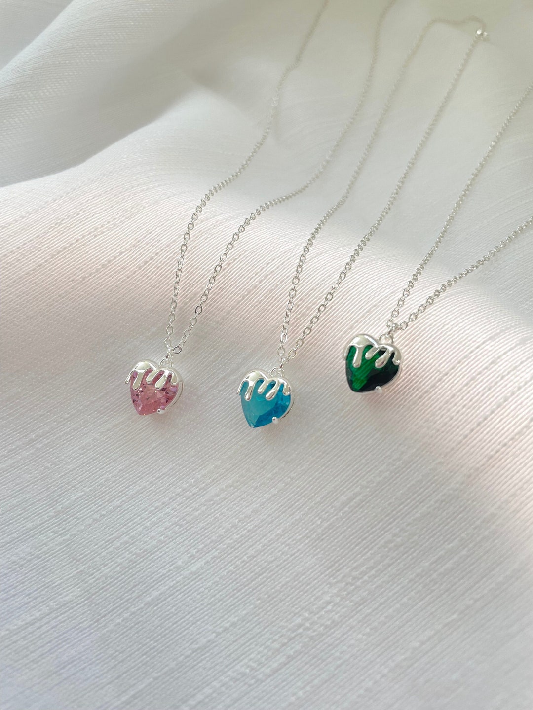 Dripping Heart Necklace/ Dainty Silver Chain/ Heart Pendant / Valentine ...