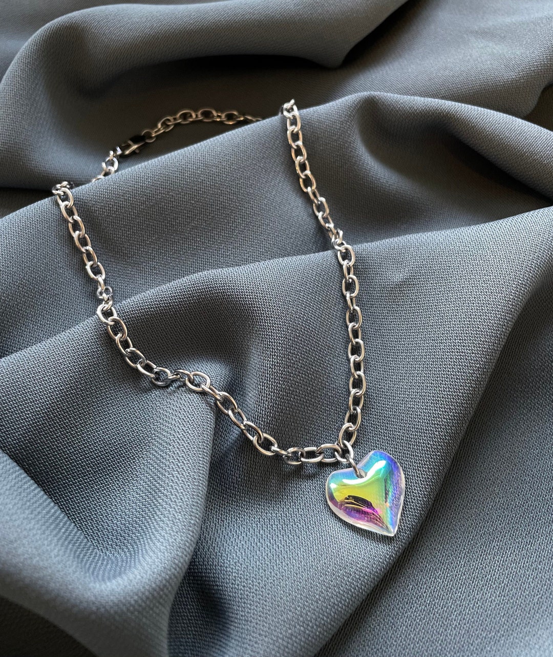 Silver Heart Choker/ Stainless Steel/ Bubble Chunky Heart Necklace ...