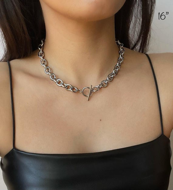 Chunky Cable Link Necklace Stainless Steel Silver Toggle Choker Cable Link Chain Thick Silver Oval Link Chain Valentines Day Gift Etsy