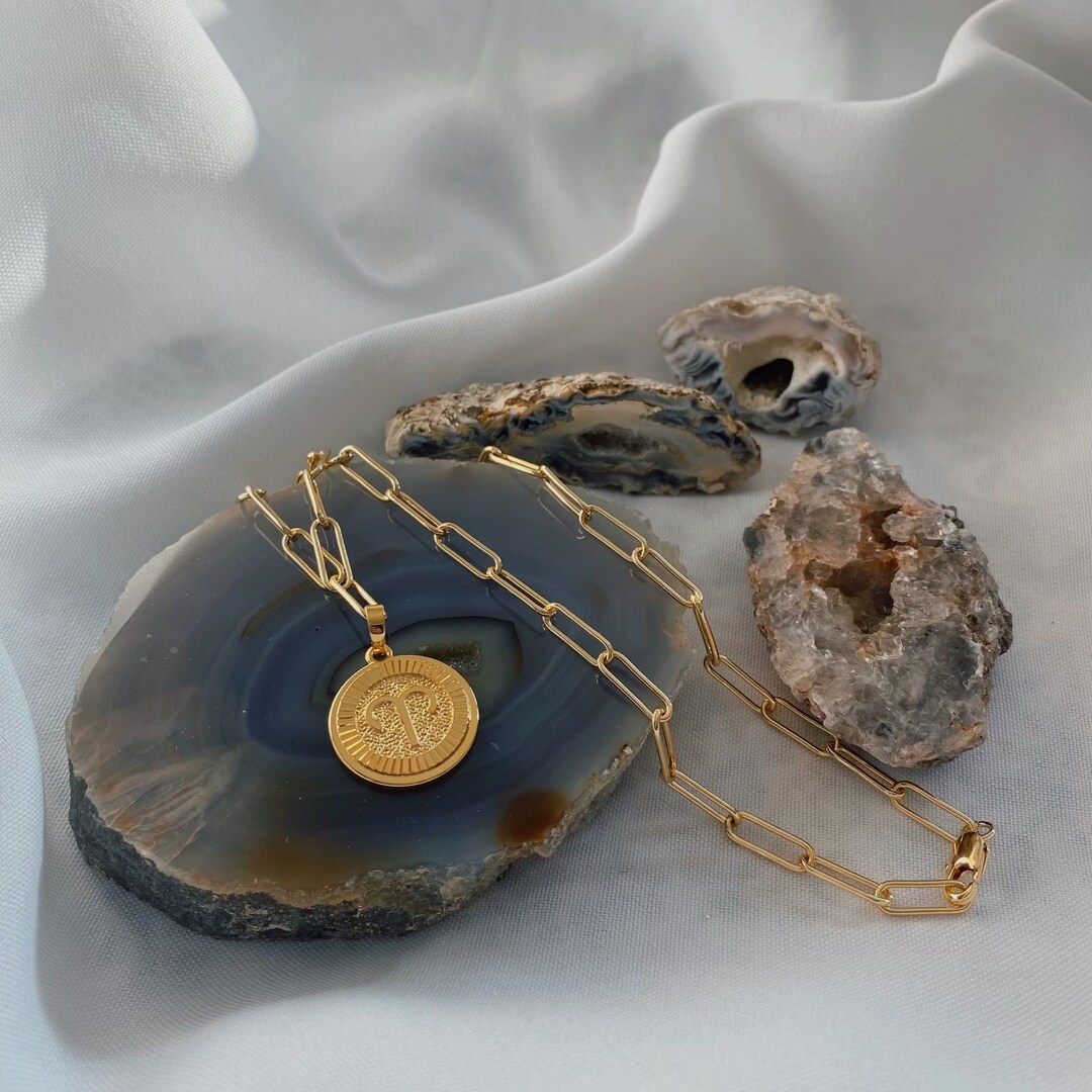Gold Zodiac Choker/ 18K Gold Plated/ Round Zodiac Pendants/ Gold Chain ...