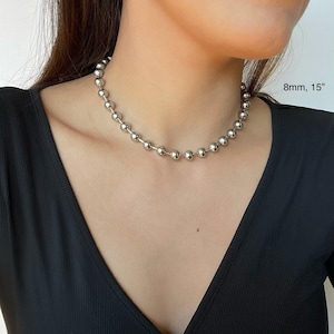 Oversized Ball Chain Necklace, Stainless Steel, Beaded Chain, Silver ...