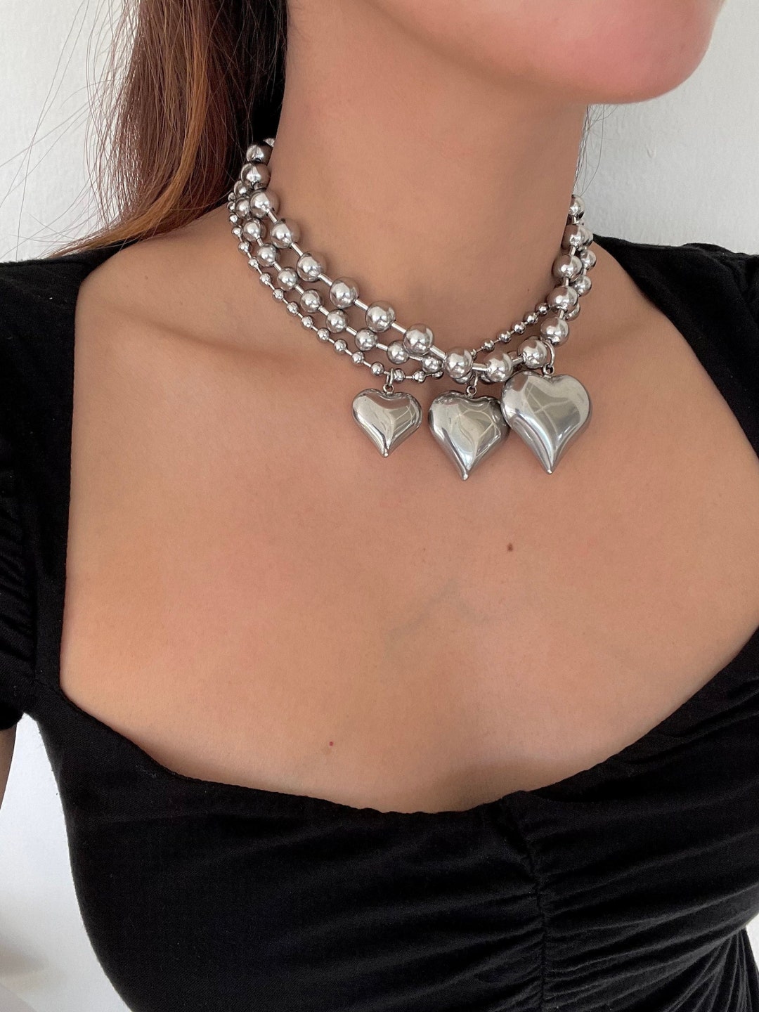 Chunky Ball Chain Heart Necklace / Stainless Steel / Silver Ball and ...