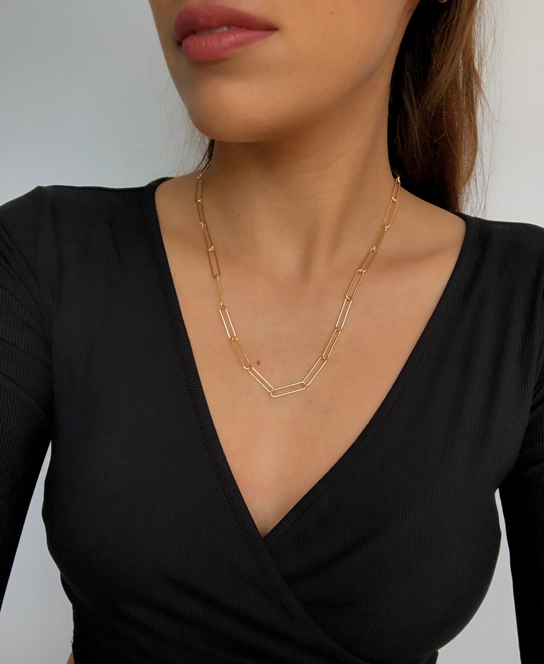 Gold Paper Clip Chain / Stainless Steel Plated in 18K Gold / Oval Link ...