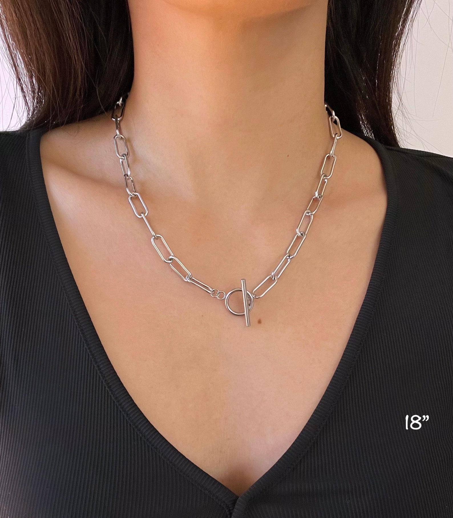 Silver Paperclip Chain Necklace / Stainless Steel / Toggle Closure ...