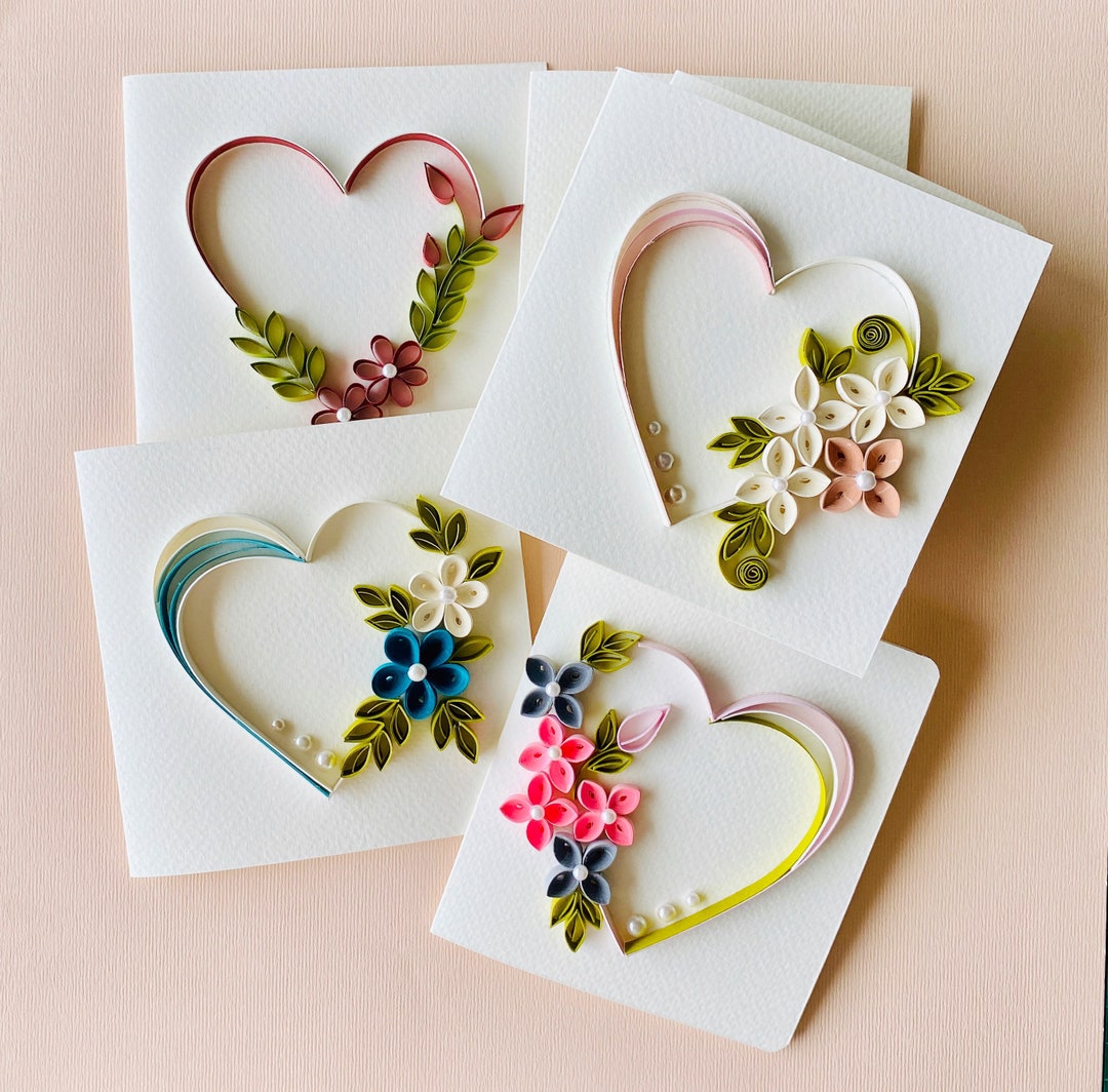 Set of 5 Quilling Heart Art Blank Cards Set, Quilled Heart Cards With ...