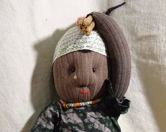 African Woman Cloth Doll, in Ghanaian Print Carrying Wood Atop Her Head ...