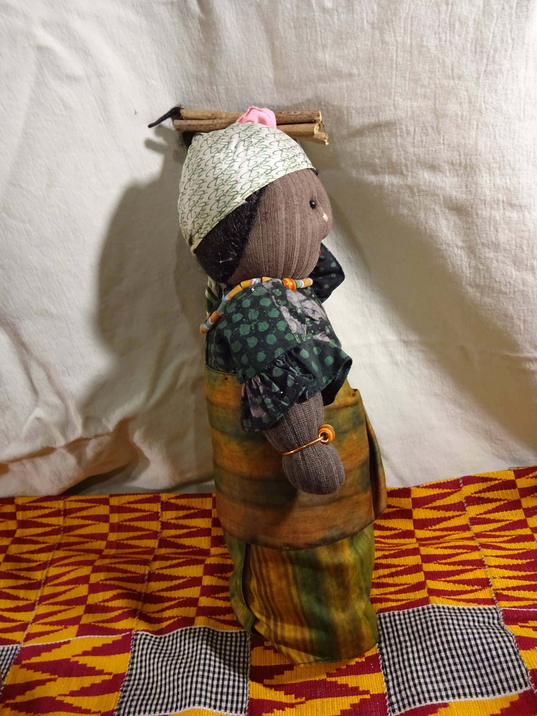 African Woman Cloth Doll, With Braids in Ghanaian Print Carrying Wood ...