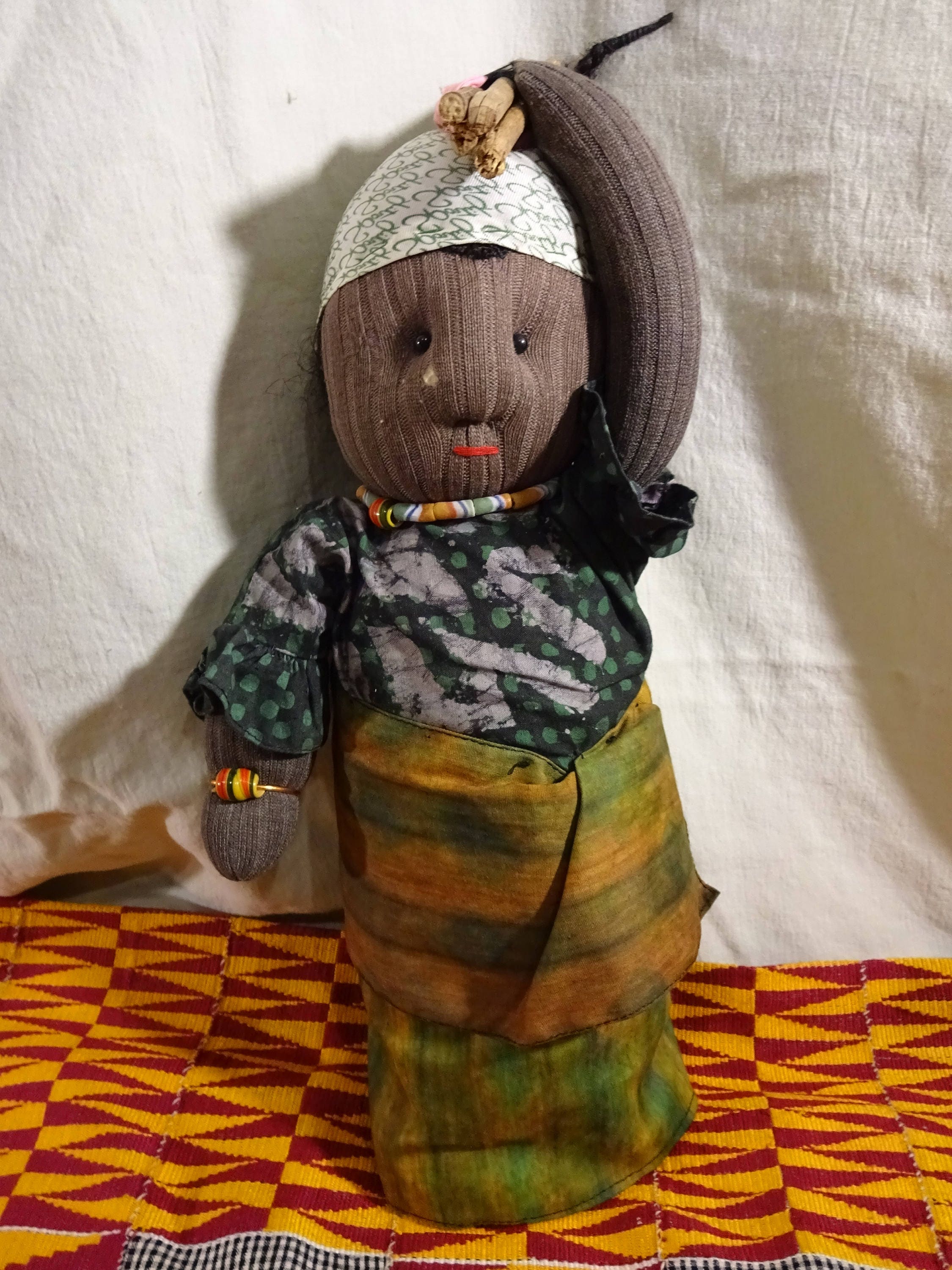 African Woman Cloth Doll, With Braids in Ghanaian Print Carrying Wood ...