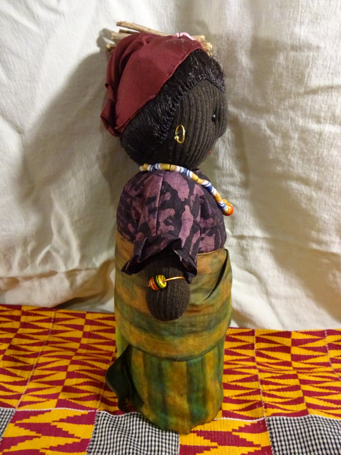 African Woman Cloth Doll, in Ghanaian Print Carrying Wood Atop Her Head ...