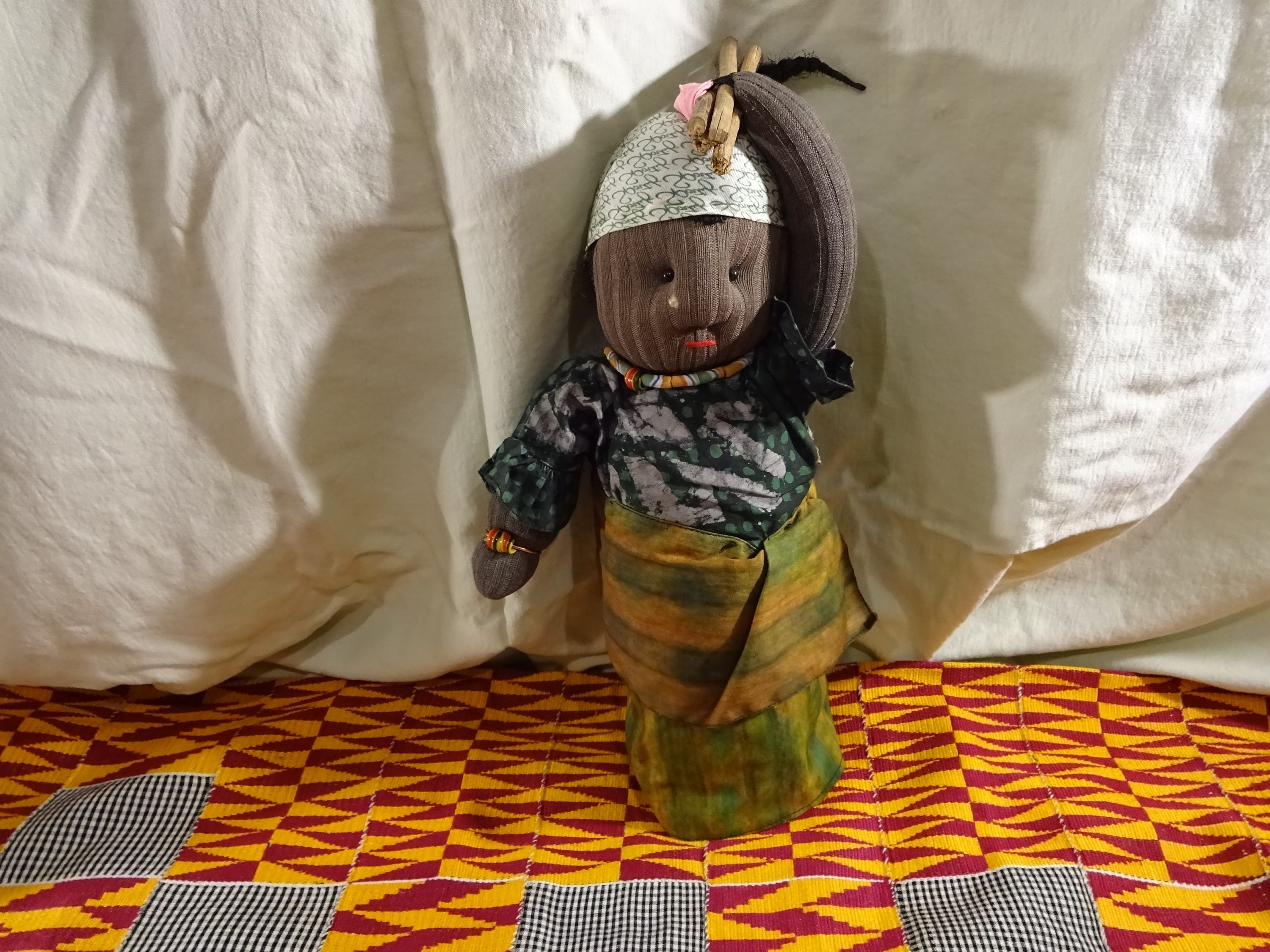 African Woman Cloth Doll, With Braids in Ghanaian Print Carrying Wood ...