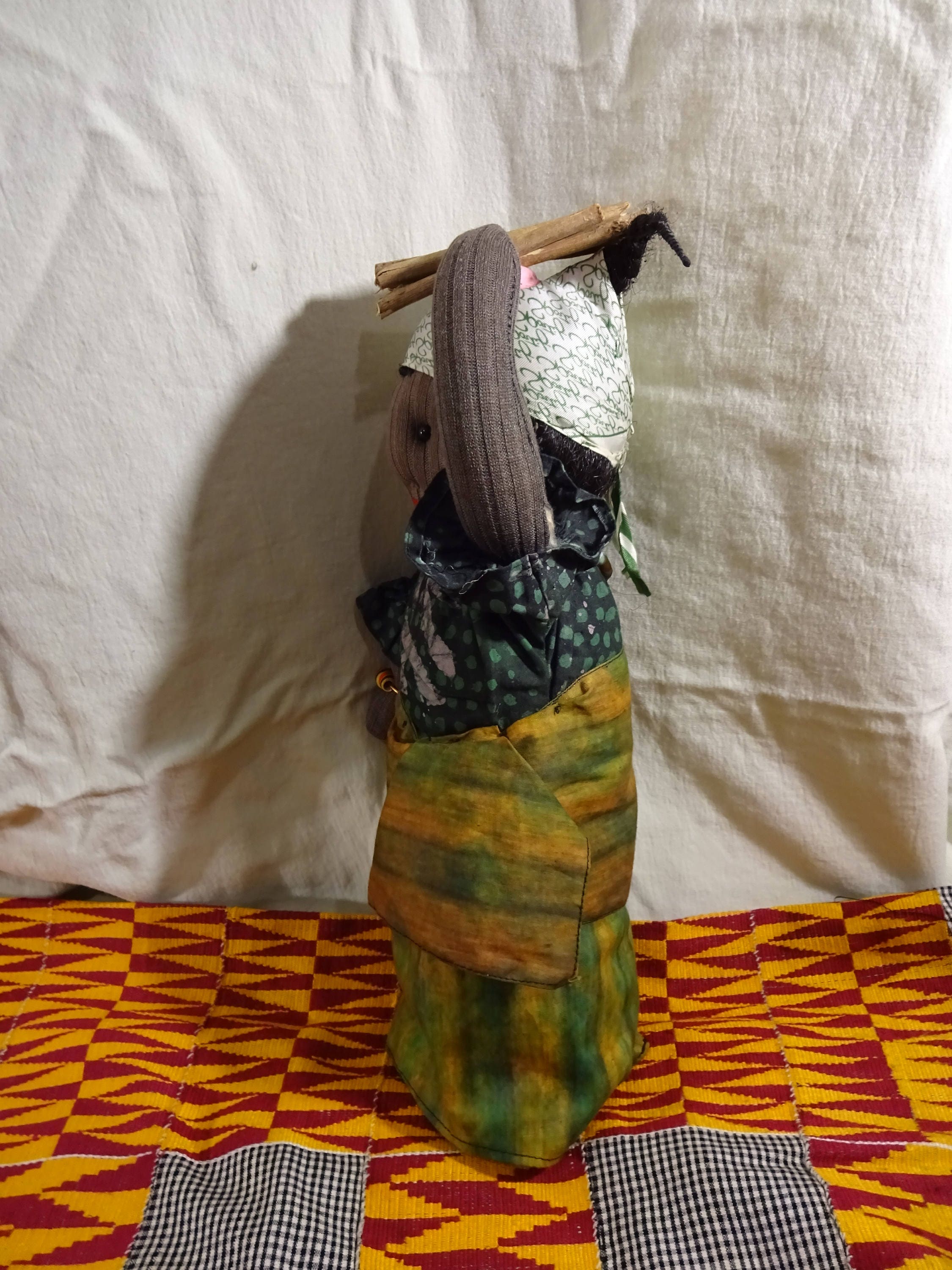 African Woman Cloth Doll, With Braids in Ghanaian Print Carrying Wood ...