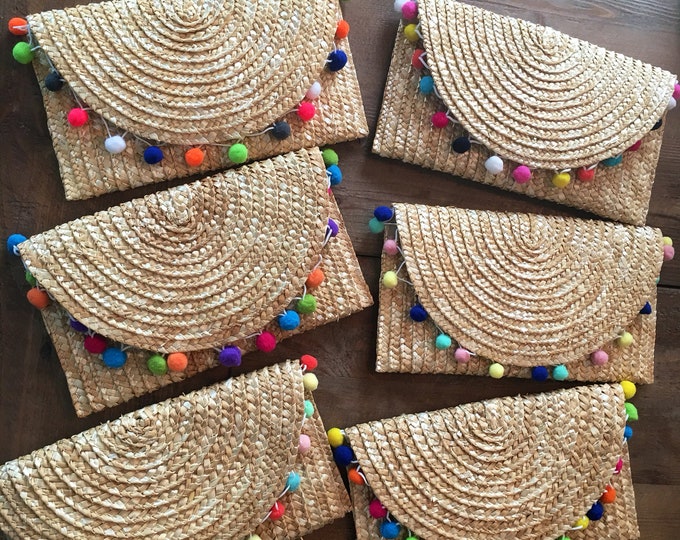 Straw Envelope Clutch With Pom Poms - Etsy