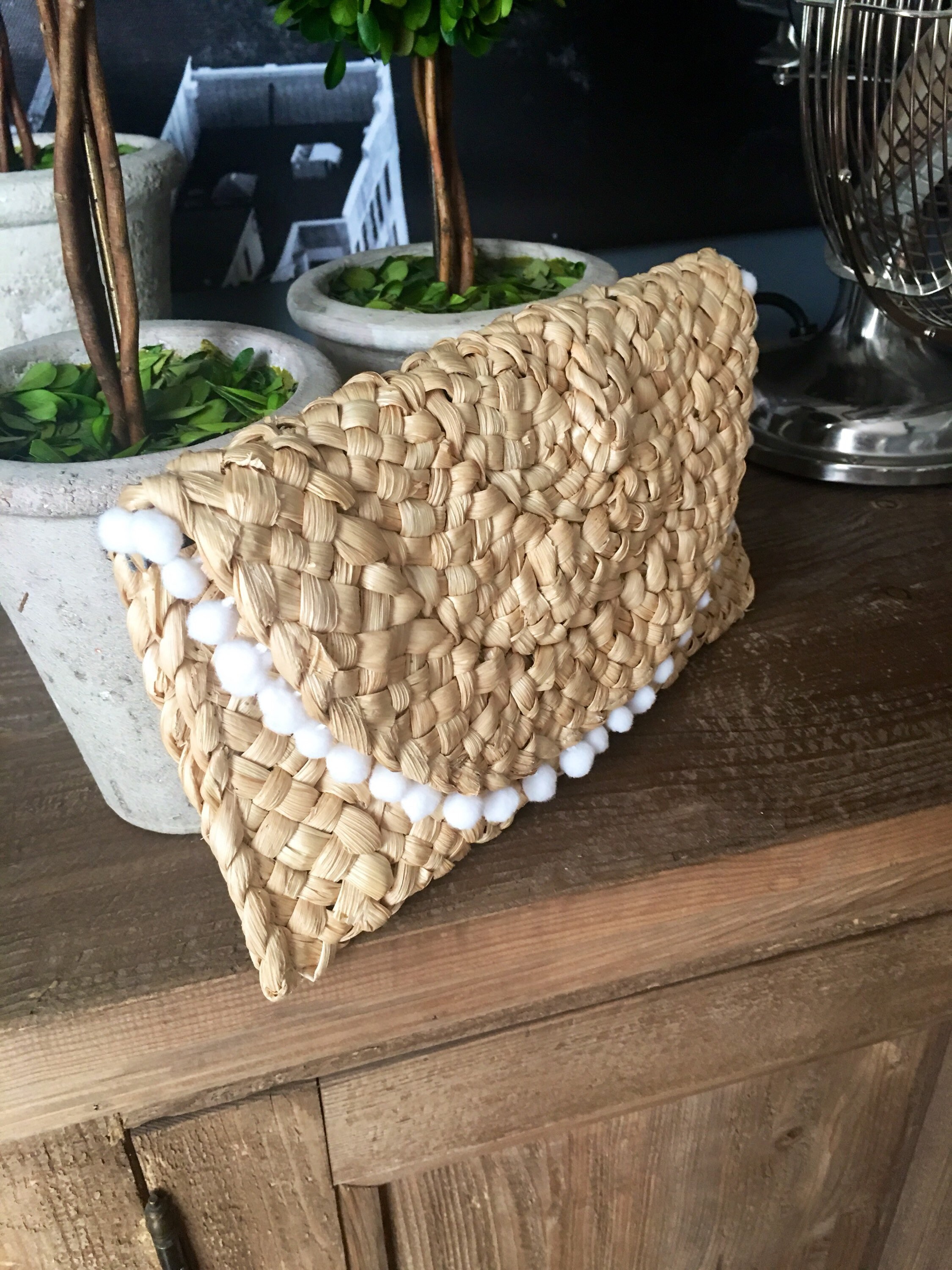 Straw Clutch Purse With White Pom Poms - Etsy