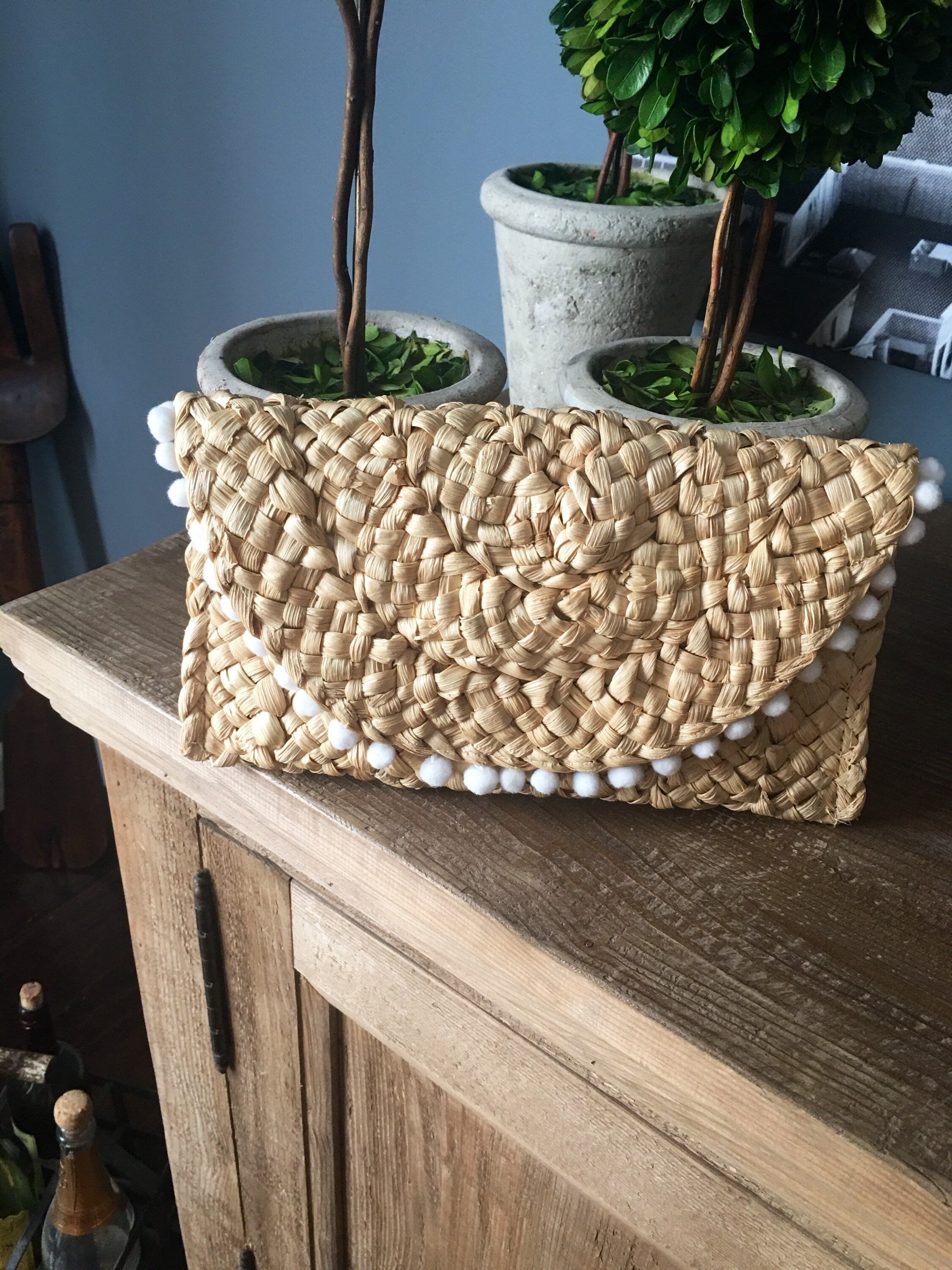 Straw Clutch Purse With White Pom Poms - Etsy