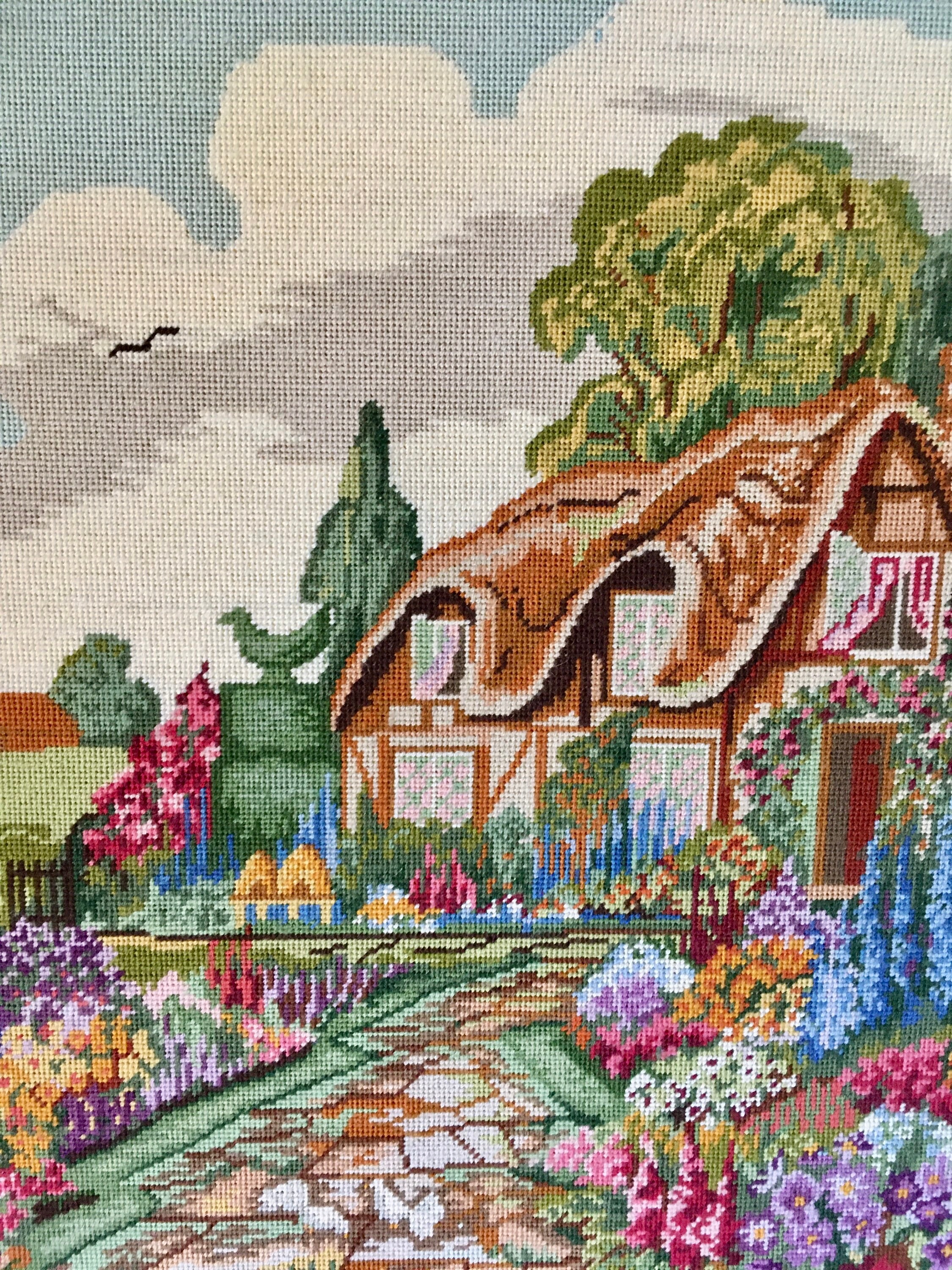 English Cottage/ Country Garden Vintage Needlepoint Picture. - Etsy