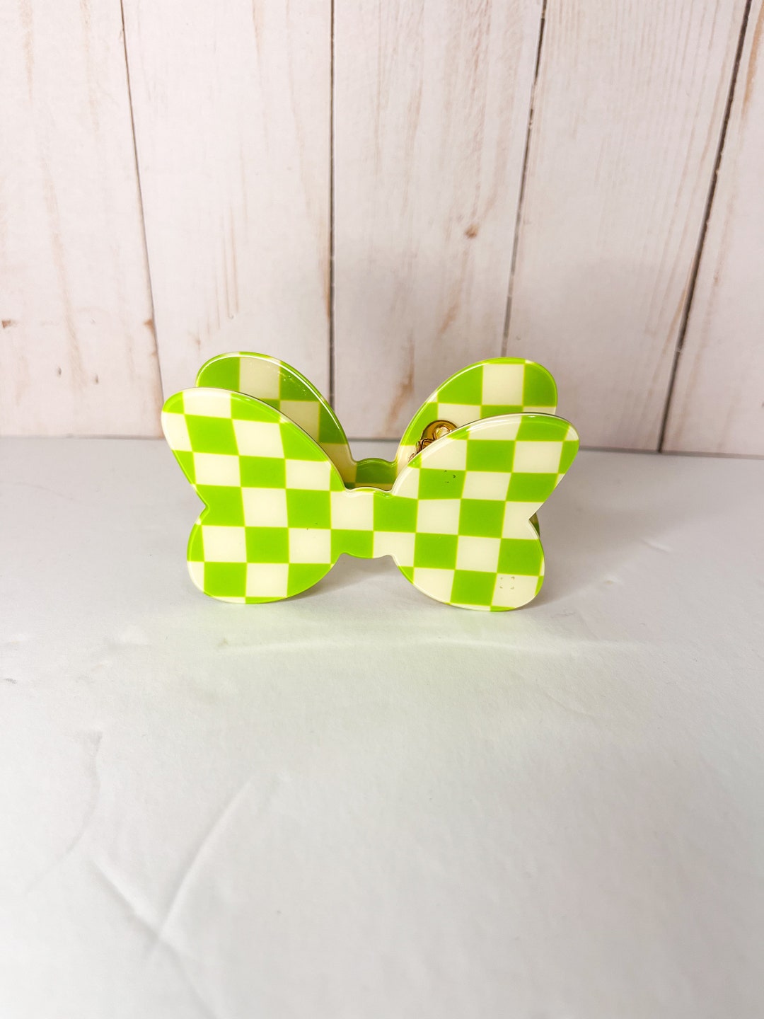 Green and White Checker Bow Clip - Etsy