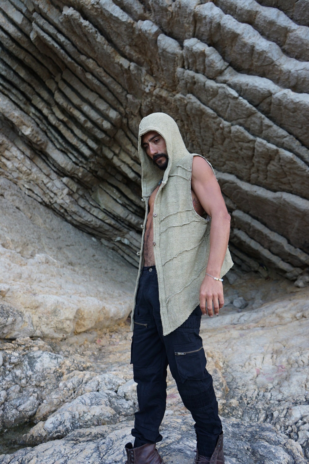 Knitted Banana Leaf Vest~psy Sweater~tribal Clothing~mens Hippie ...