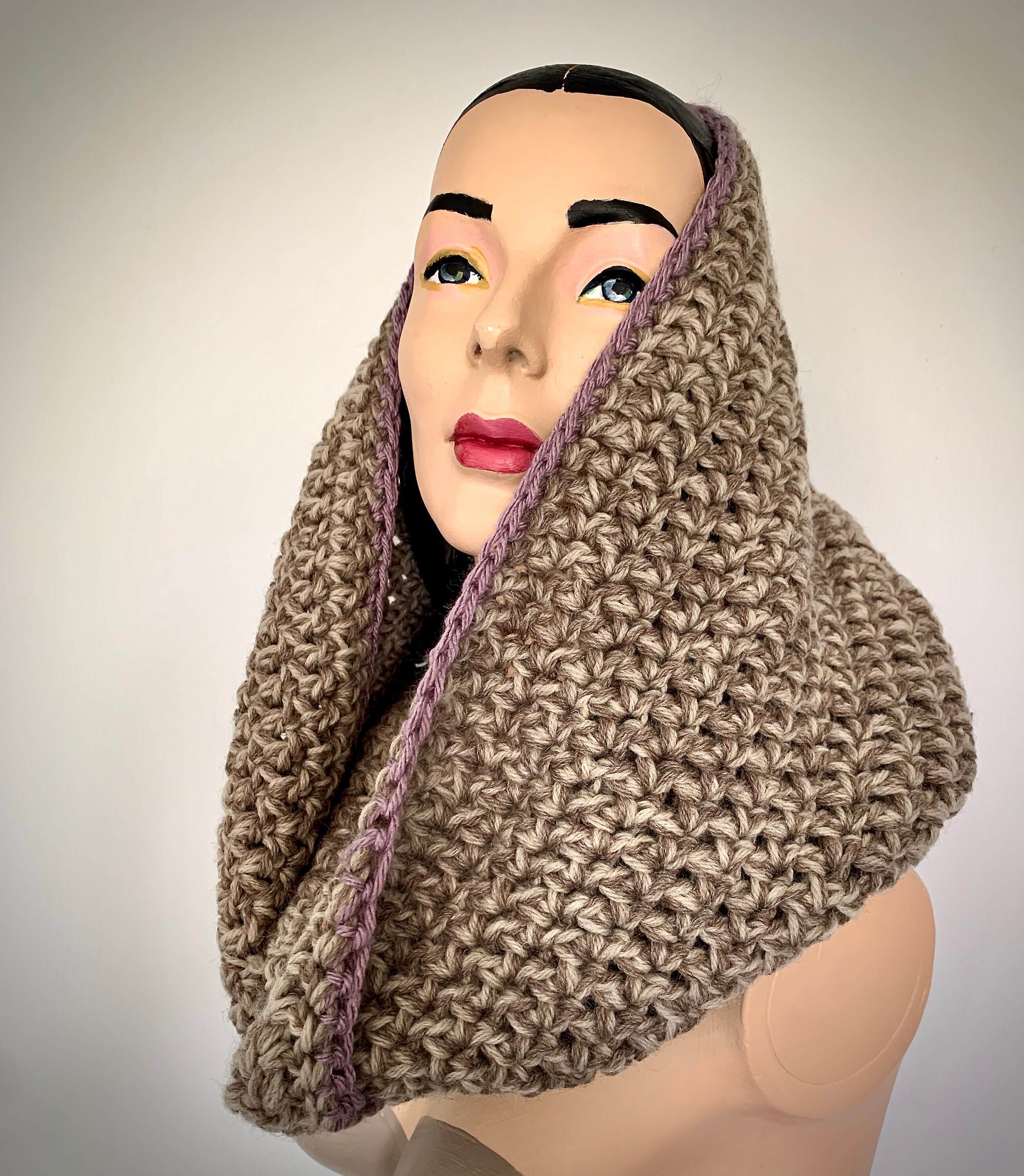 Escher - Crochet Infinity Scarf Shawl, Wool, Oatmeal and Lavender - Etsy
