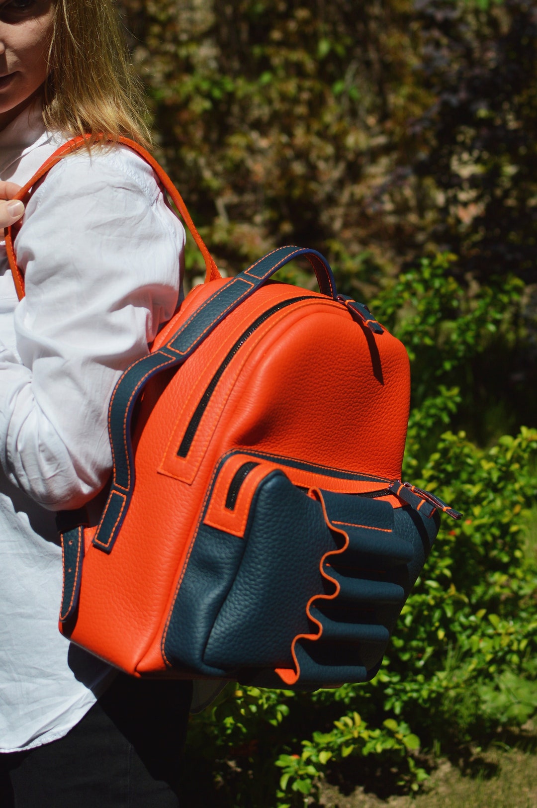 Orange Blue Leather Backpack, Handmade Leather Backpack, Unisex Bag ...