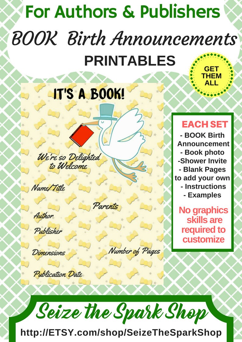 Book Birth Announcement PRINTABLE- Stork, It's a Book - for Authors and ...