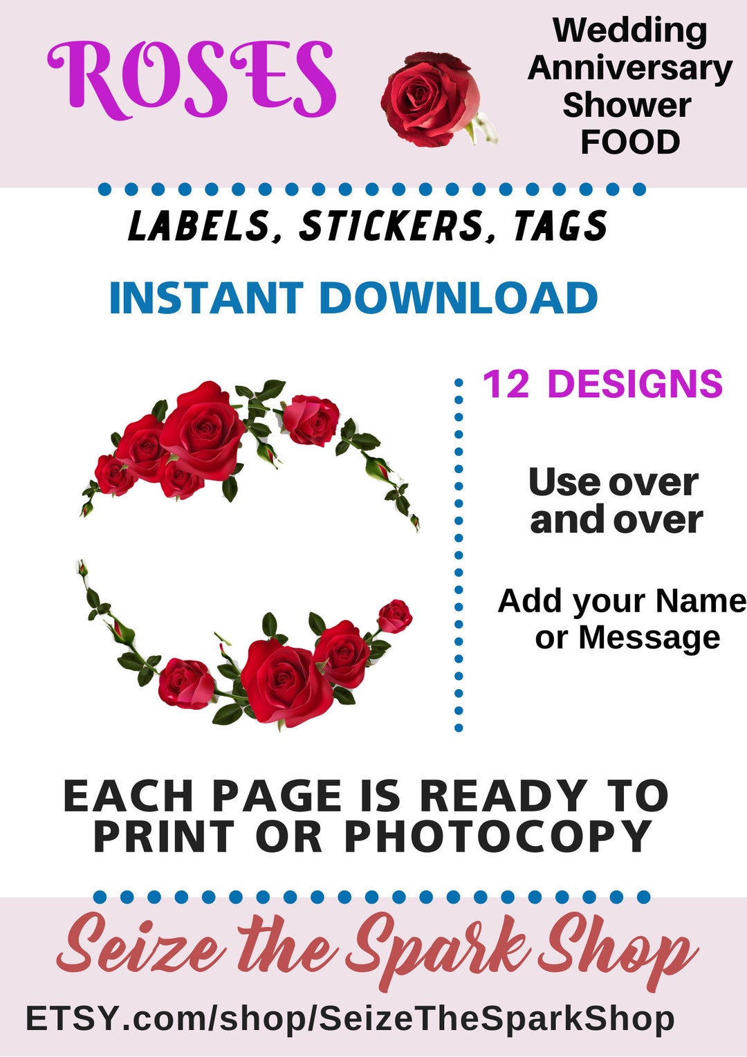 ROSES Labels, Tags, Stickers -PRINTABLE, Save the Date, Bridal Shower ...