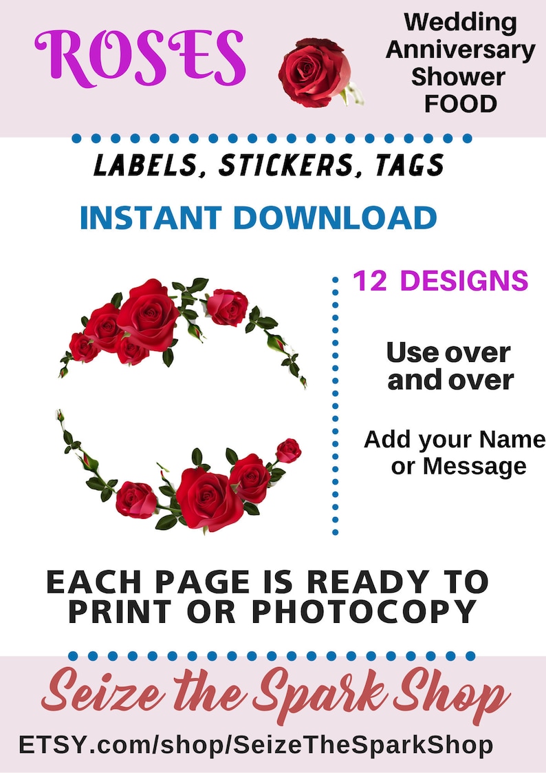 ROSES Labels, Tags, Stickers -PRINTABLE, Save the Date, Bridal Shower ...