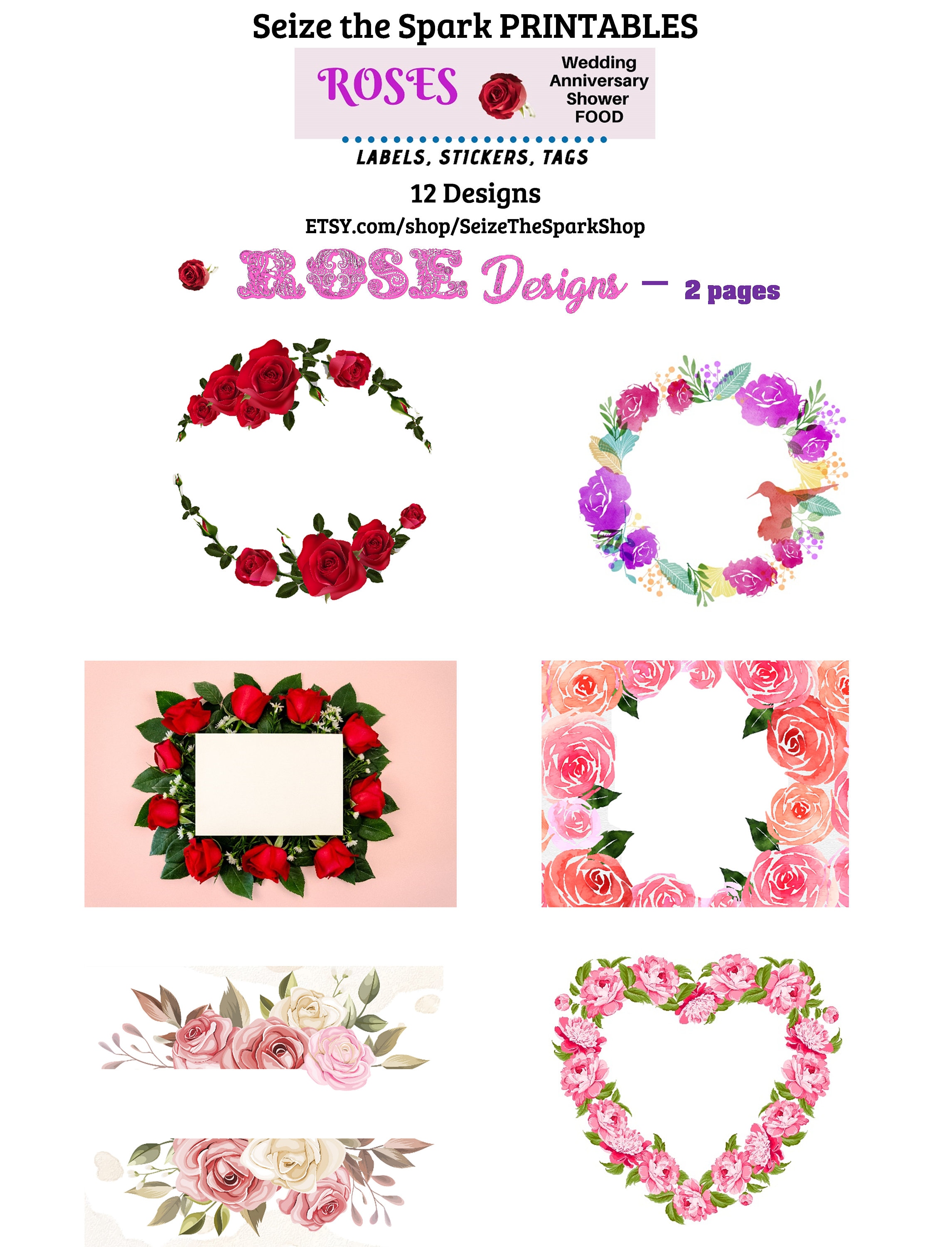 ROSES Labels, Tags, Stickers -PRINTABLE, Save the Date, Bridal Shower ...