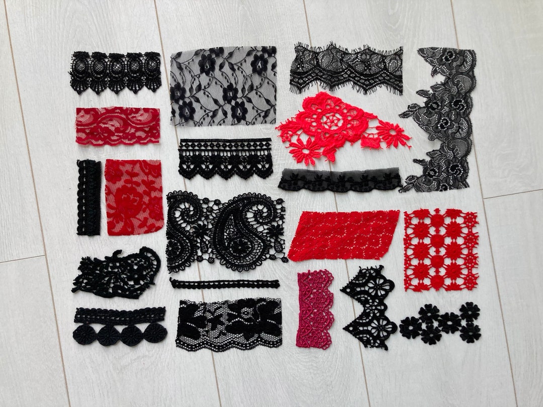 Dark Vintage Lace Scraps, Set of 20 Black and Red Assorted Lace Pieces ...