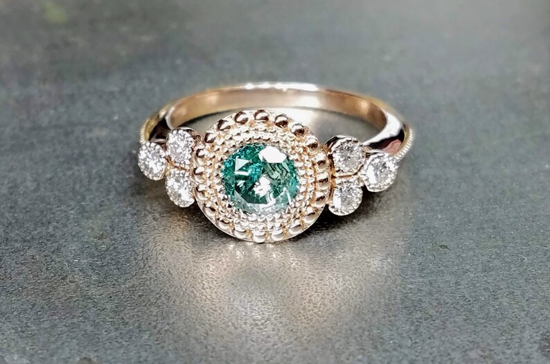 Green Diamond Engagement Ring Rose Gold Victorian Style - Etsy