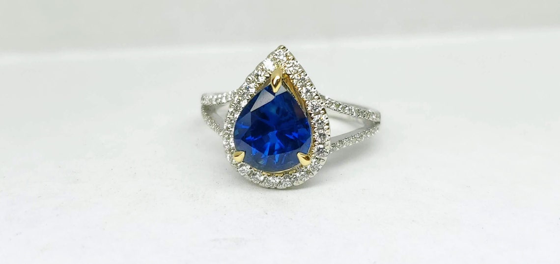 Pear Shape Blue Sapphire and Diamond Ring. - Etsy