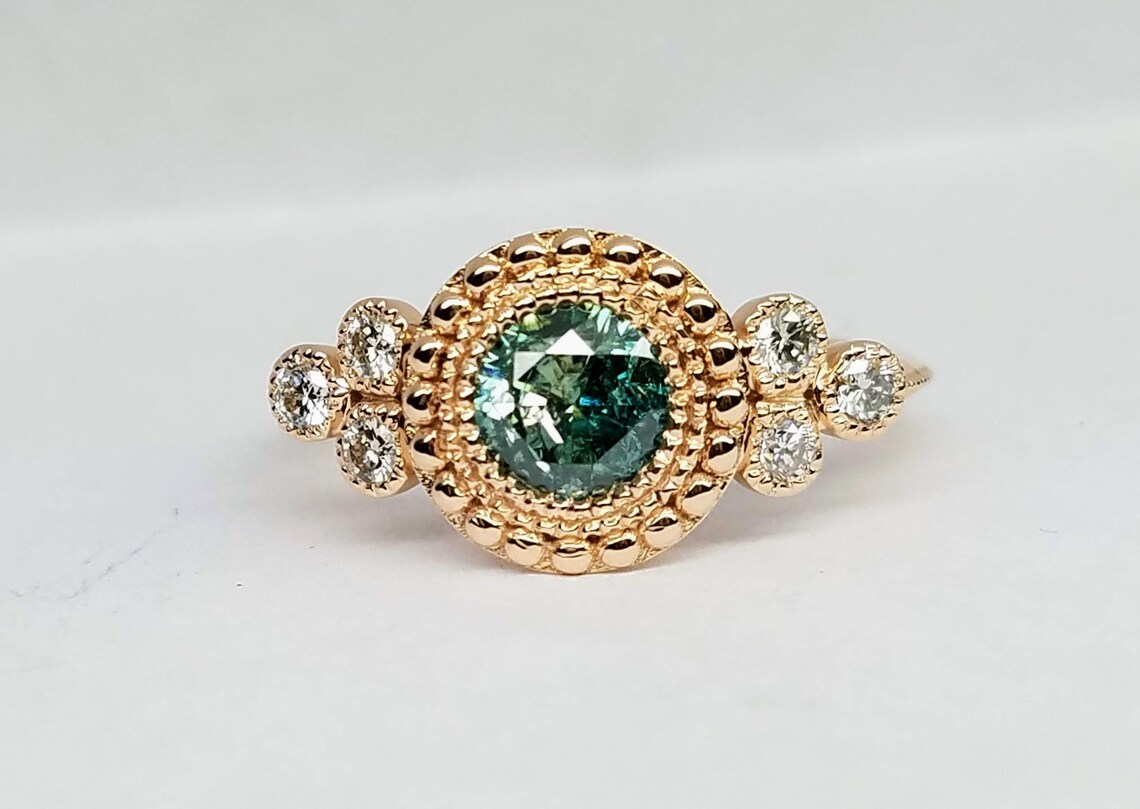 Green Diamond Engagement Ring Rose Gold Victorian Style - Etsy
