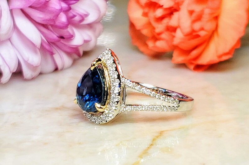 Pear Shape Blue Sapphire and Diamond Ring. - Etsy