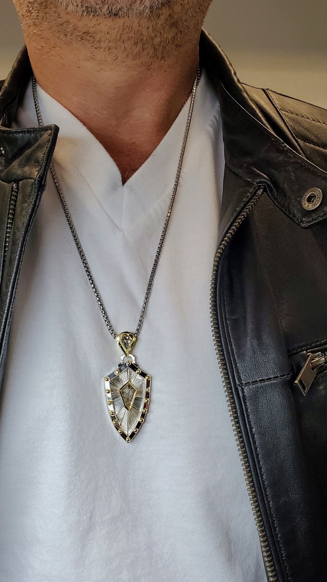 Father's Day Gift Shield Pendant With Diamonds in Silver - Etsy