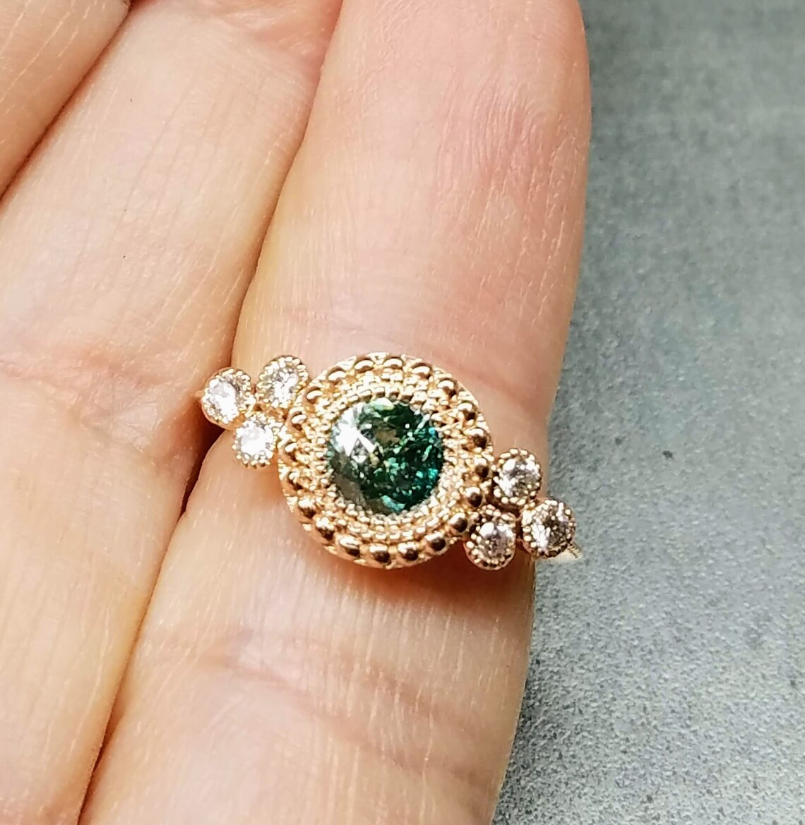 Green Diamond Engagement Ring Rose Gold Victorian Style - Etsy