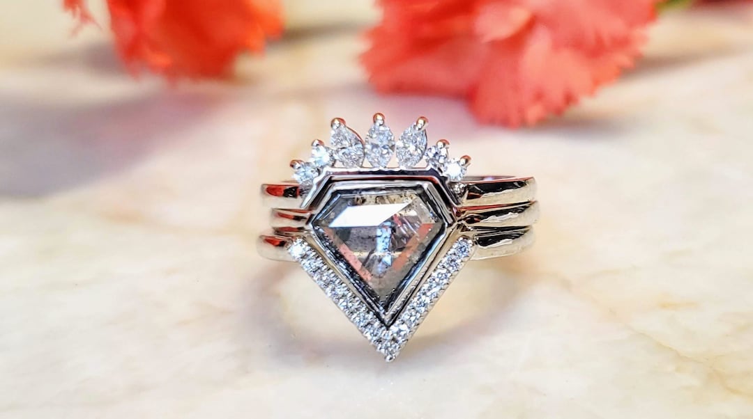 Salt and Pepper Geometric Shield Shape Diamond Engagement Ring, 1.89ct ...