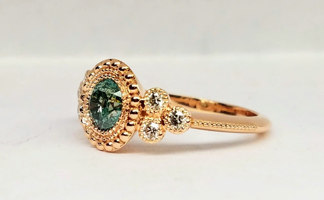 Green Diamond Engagement Ring Rose Gold Victorian Style - Etsy