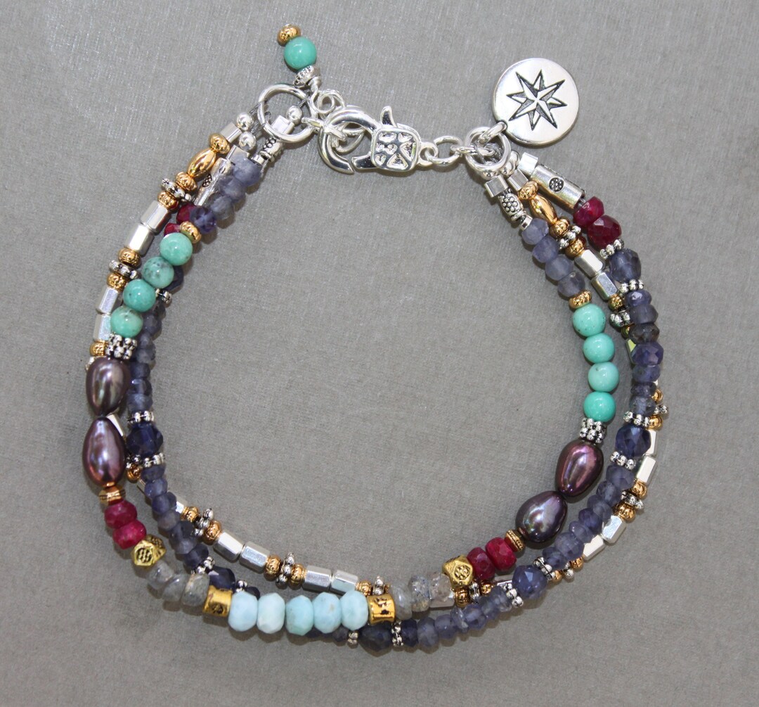 Iolite Ruby Larimar Peacock Pearl Gem Mix Triple Strand Silver Gold ...