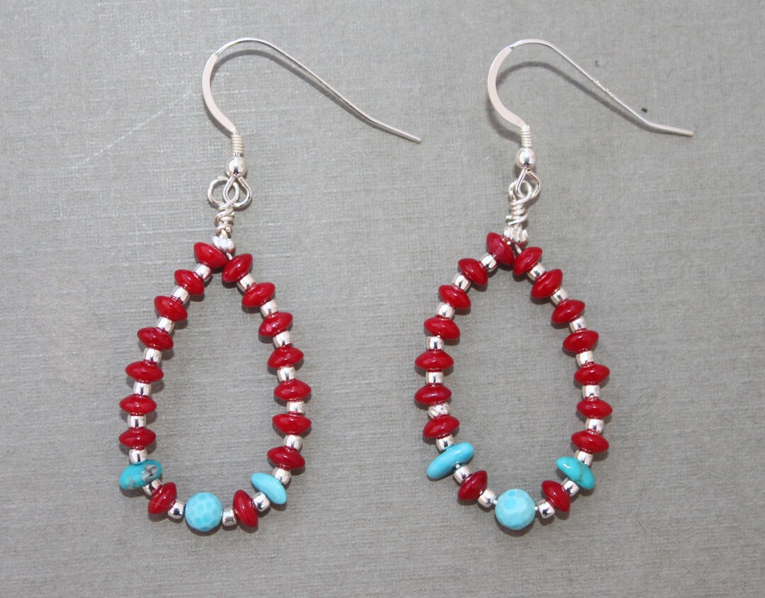 Coral Turquoise Loop Hoop Drop Sterling Silver Filled Dangle Earrings ...