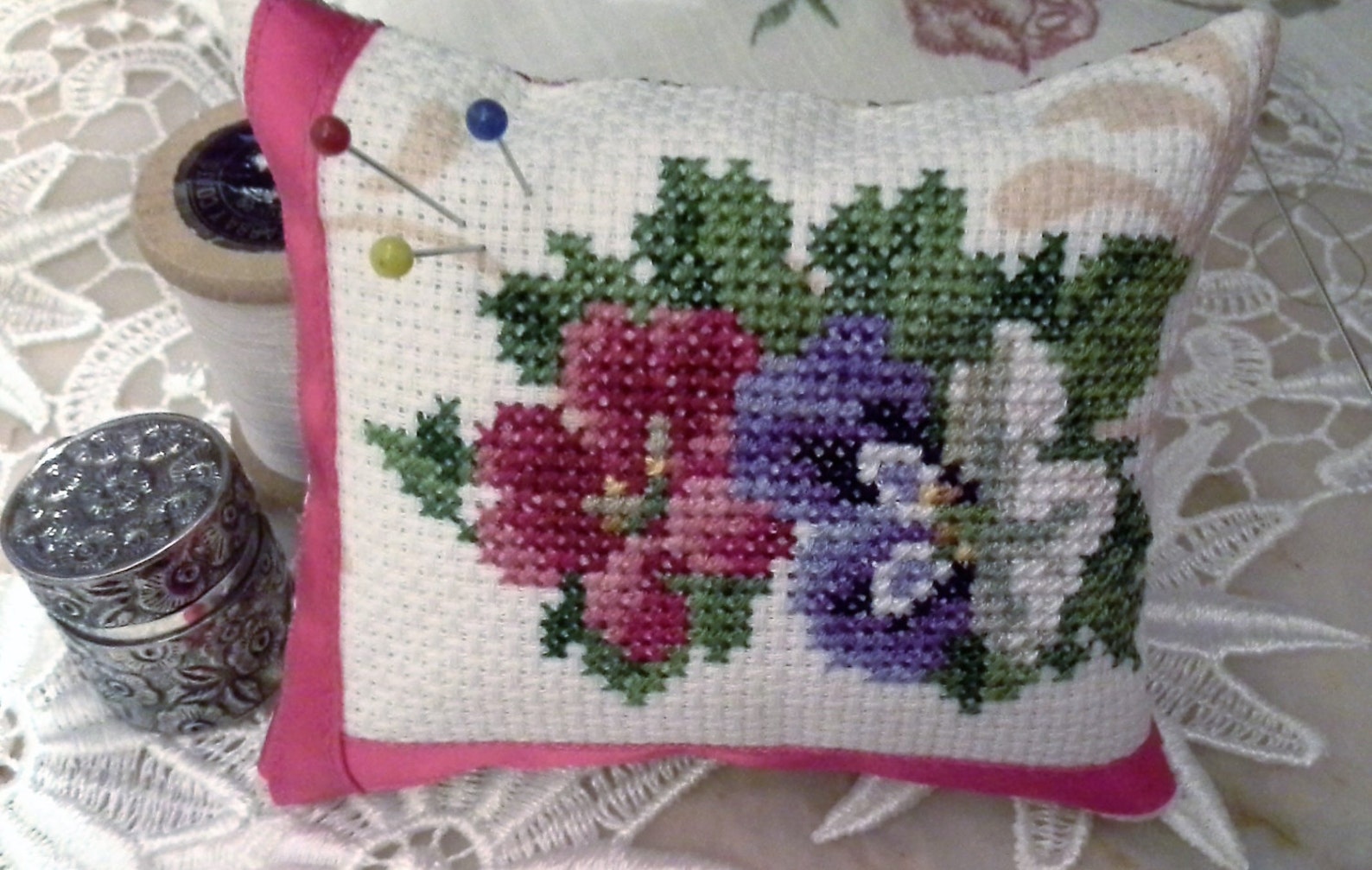 Finished Cross Stitch Violets Pin Cushion / Floral Pin Cushion - Etsy