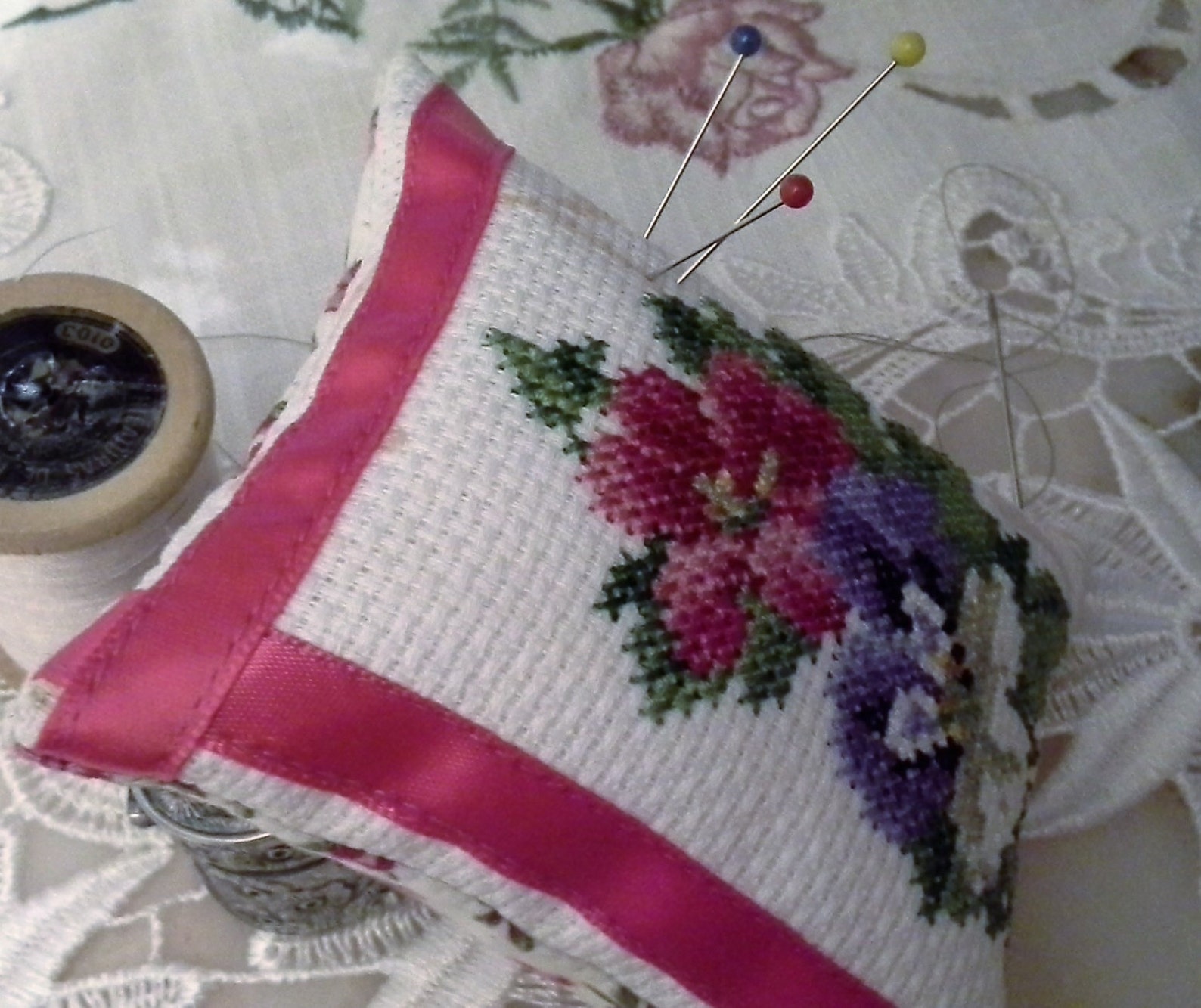 Finished Cross Stitch Violets Pin Cushion / Floral Pin Cushion - Etsy